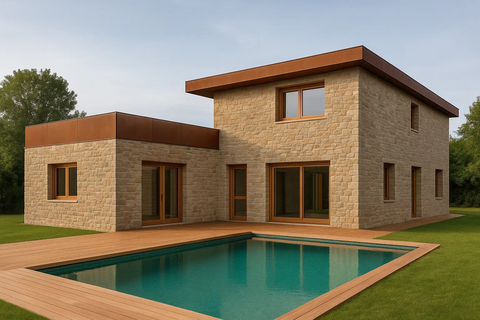 Fachadas de piedra y chapa corten para casas rurales modernas